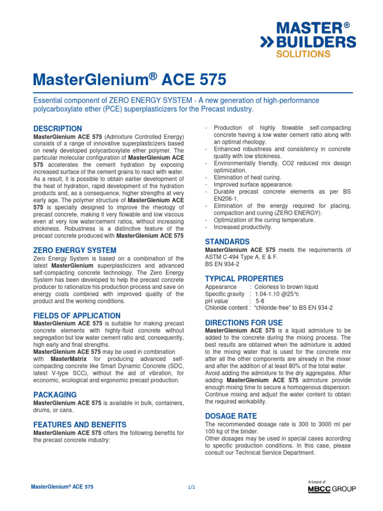 MasterGlenium ACE 575 Technical Data Sheet | PDF | Concrete | Cement
