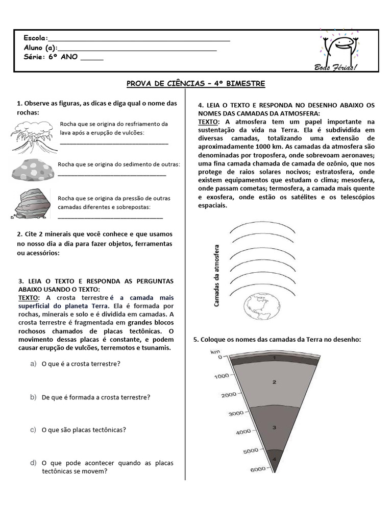 PROVA DE CIENCIAS 6º Ano - 4º BIMESTRE | PDF | Terra | Atmosfera da Terra
