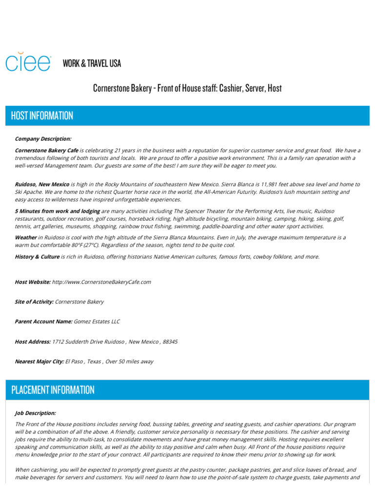 Front of House Jobs at Cornerstone Bakery | PDF | Kitchen | Waiting Staff