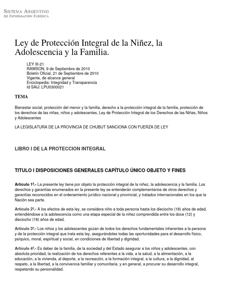 Ley III #21 - de Protección Integral de La Niñez, La Adolescencia y La Familia. | PDF | Debido ...