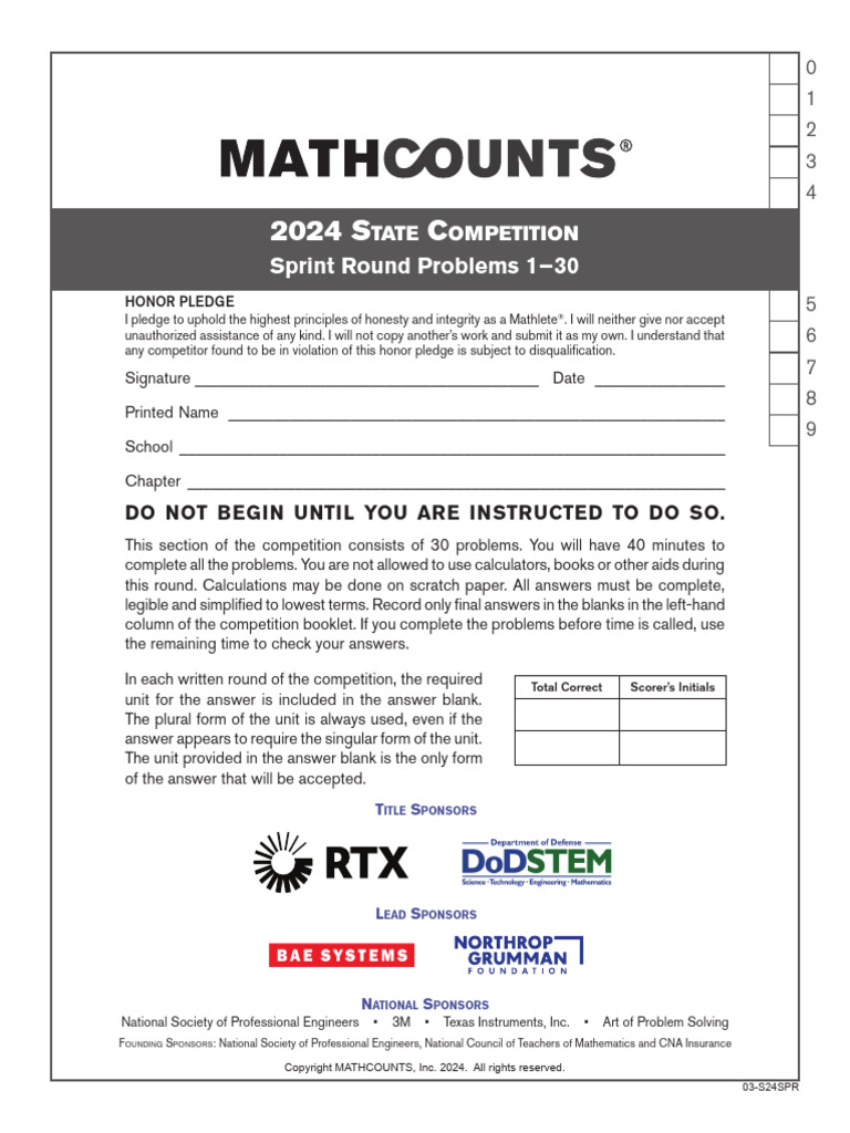 2024 State Competition Sprint Round | PDF | Area | Mathematics
