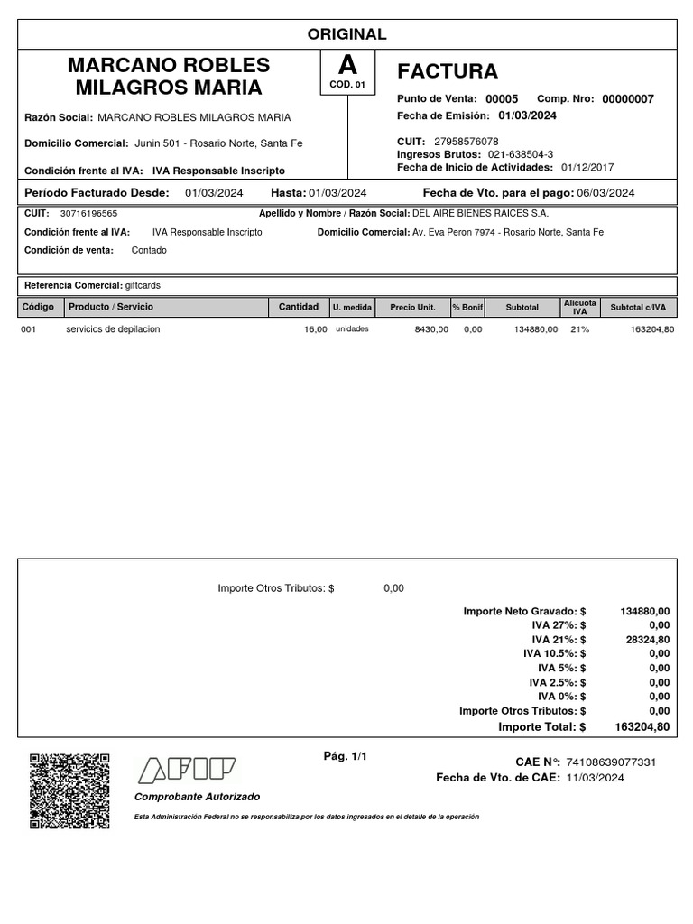 Marcano Robles Milagros Maria Factura: Original | PDF