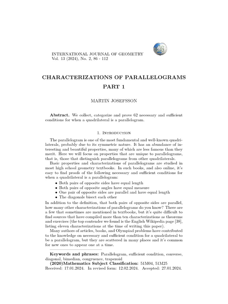 Characterizations of Parallelograms: Martin Josefsson | PDF | Euclidean ...