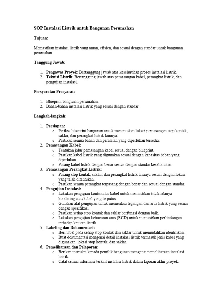 SOP Instalasi Listrik Untuk Bangunan Perumahan | PDF | Griya & Taman