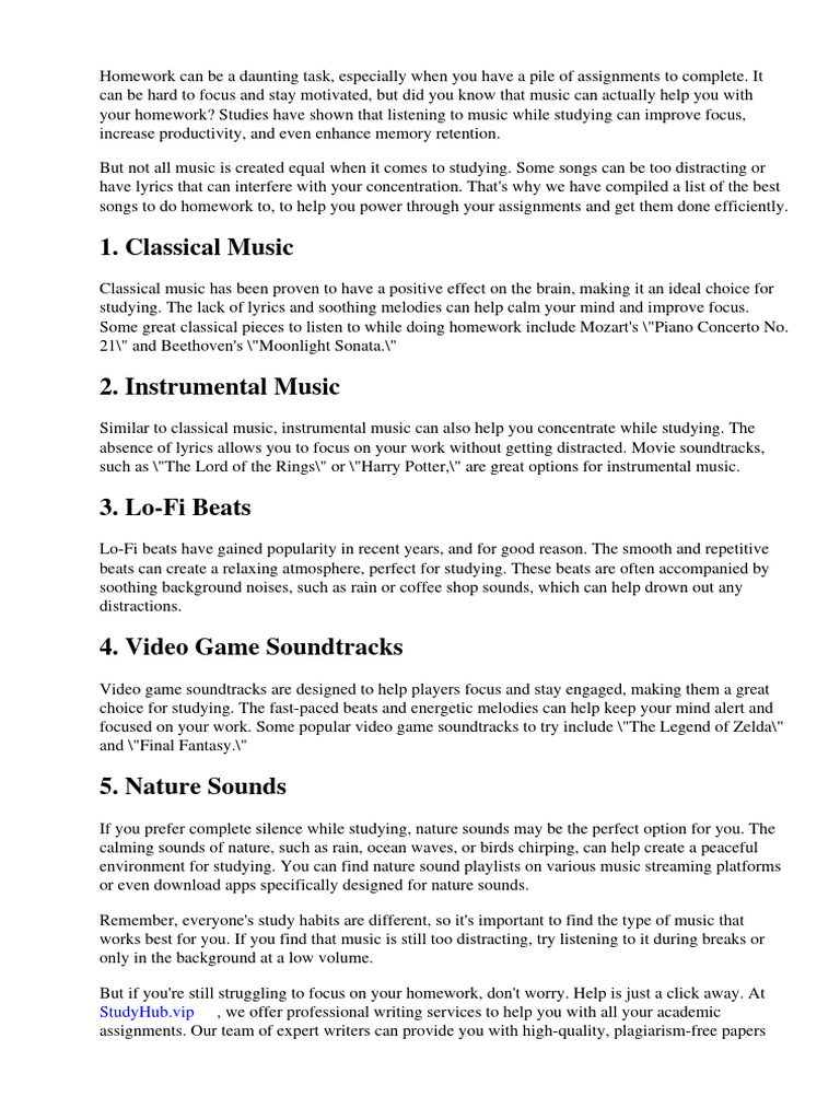 Songs To Do Homework To | PDF | Essays | Teachers