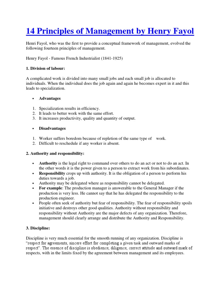 14 Principles of Management by Henry Fayol | Division Of Labour ...