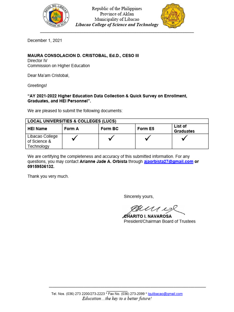Transmital - Libacao College of Science & Technology - A.Y 2021-2022 | PDF