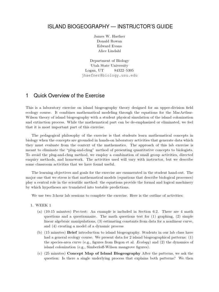 Island Biogeography - Instructor'S Guide: Jhaefner@biology - Usu.edu ...