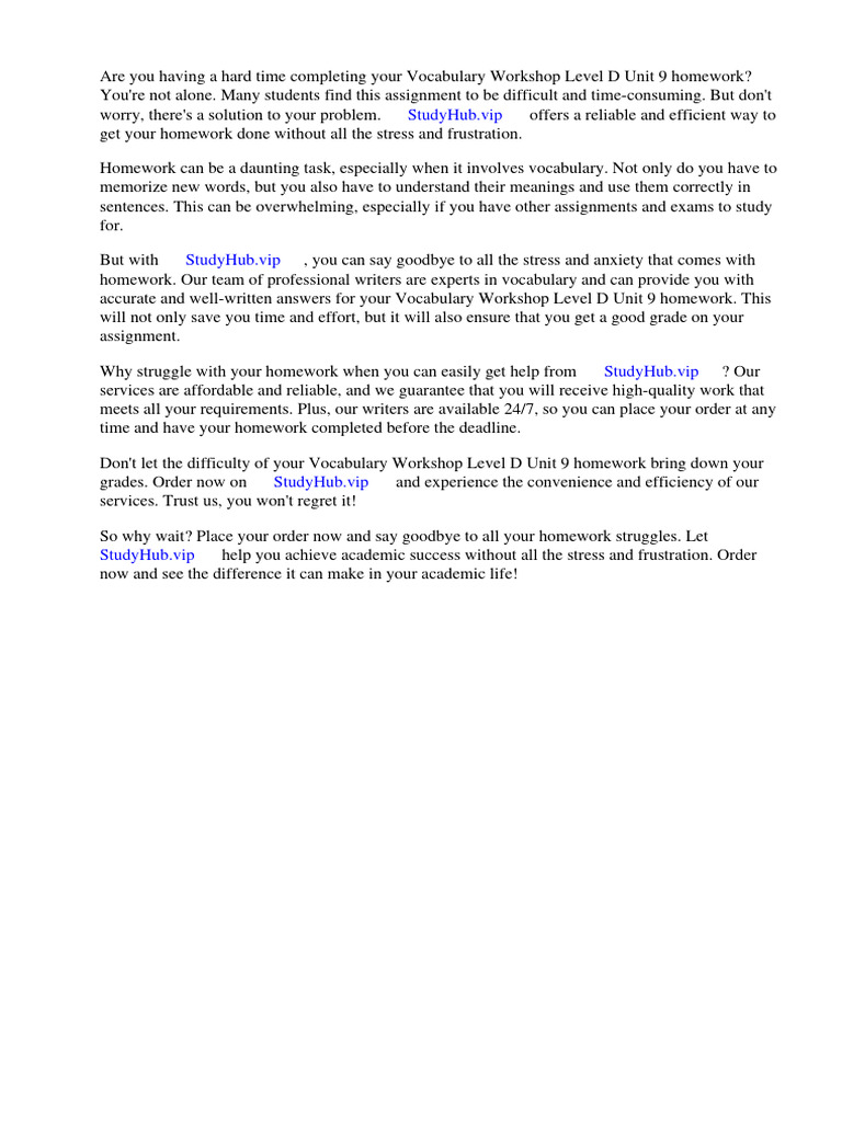 Vocabulary Workshop Level d Unit 9 Answers Homework Hawk | PDF ...