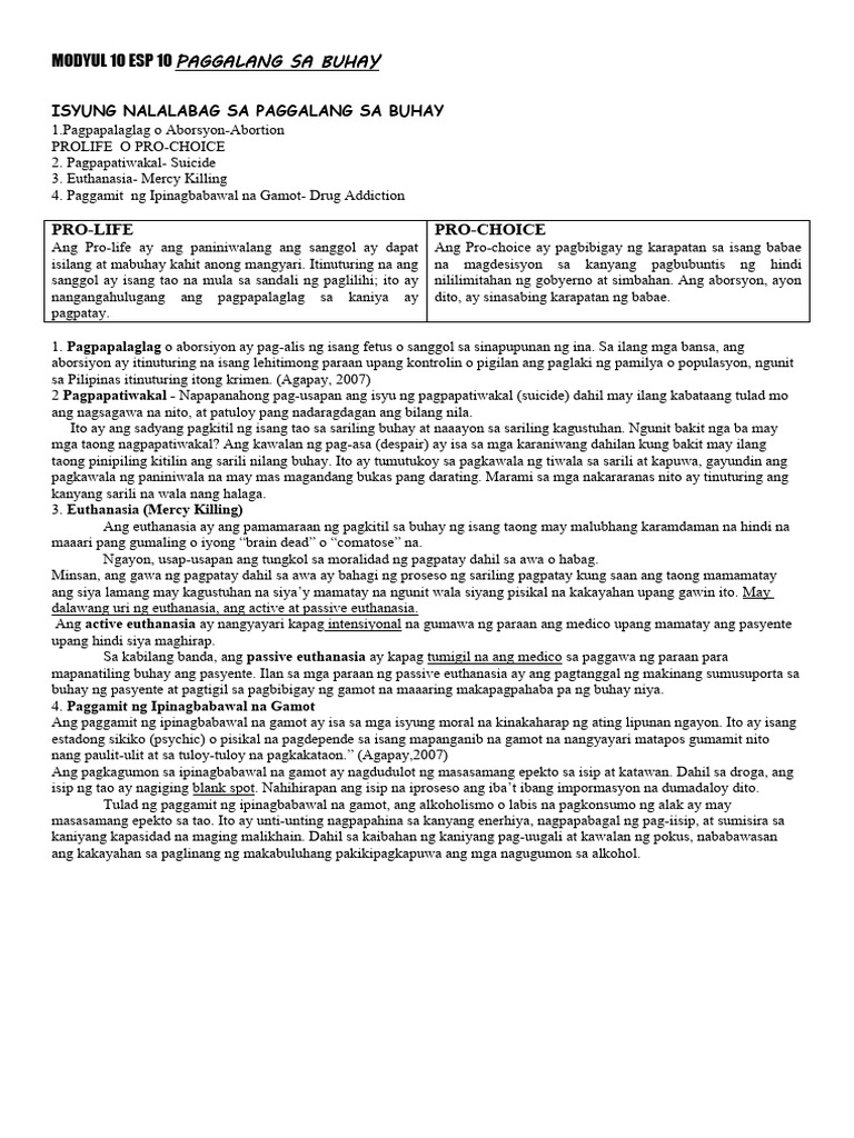 MODYUL 10 ESP 10 (PAGMAMAHAL SA BUHAY) | PDF