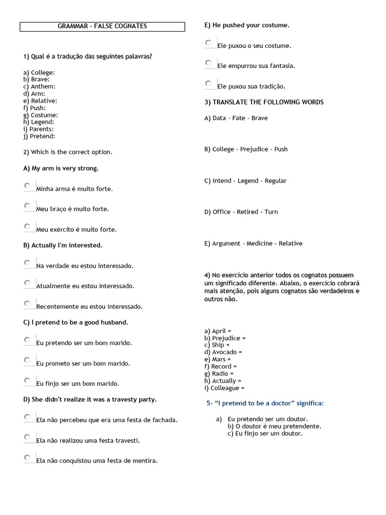 GRAMMAR - False Cognates Exercise | PDF | Linguística