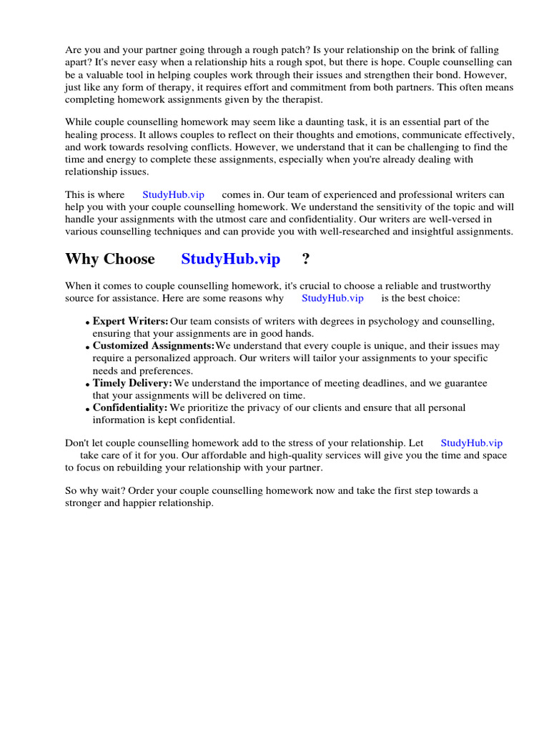Couple Counselling Homework | PDF | Psychotherapy | Shock (Circulatory)