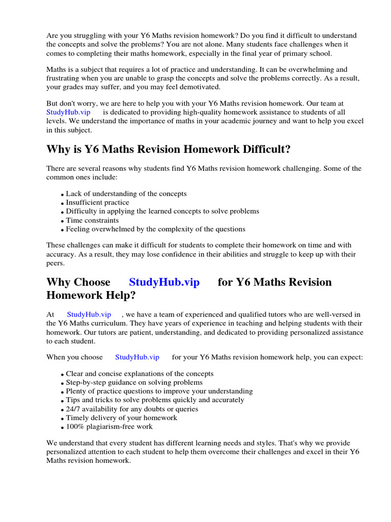 Y6 Maths Revision Homework | PDF | Sat | Worksheet