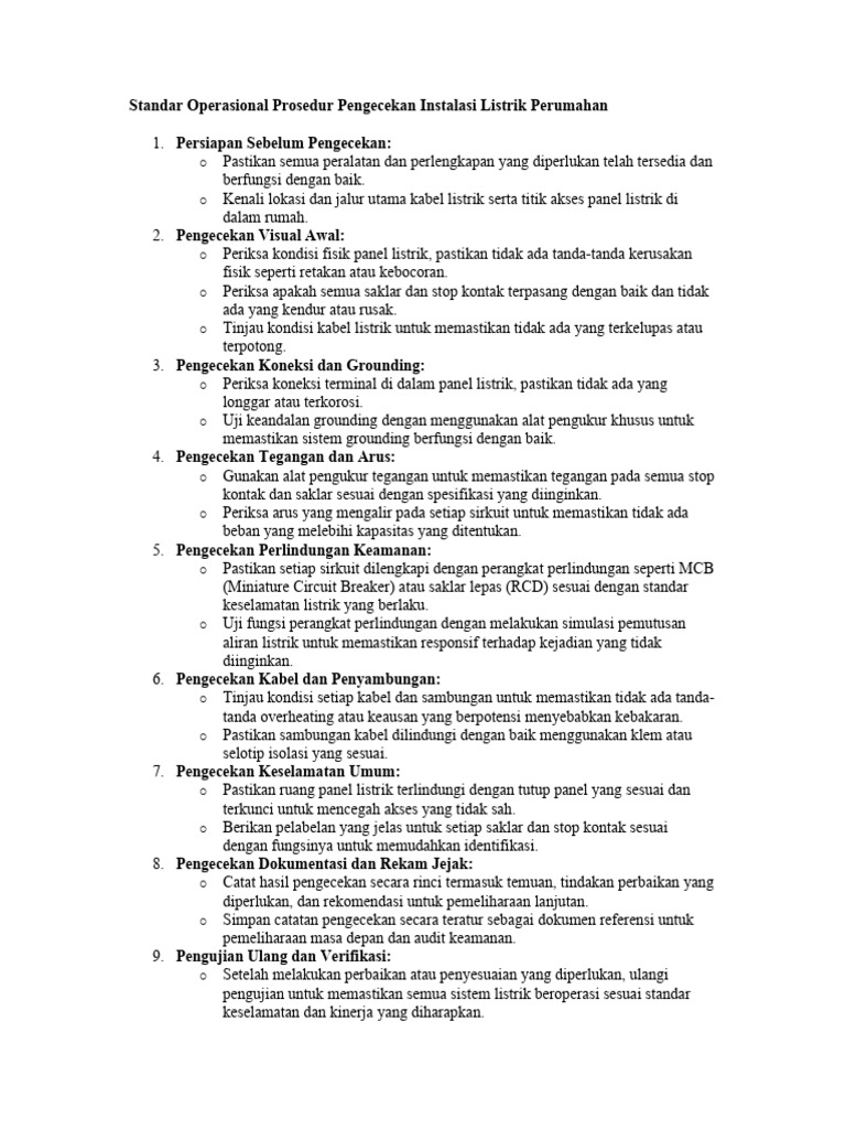 SOP Pengecekan Instalasi Listrik Perumahan | PDF