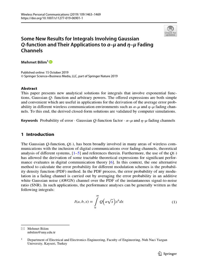 Some New Results for Integrals Involving Gaussian Channels: Q‑function and Their Applications to ...