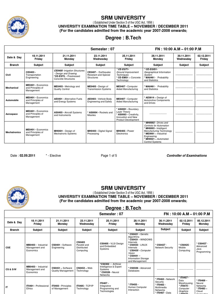 SRM University Nov/Dec 2011 Exam Timetable | PDF | Instrumentation ...