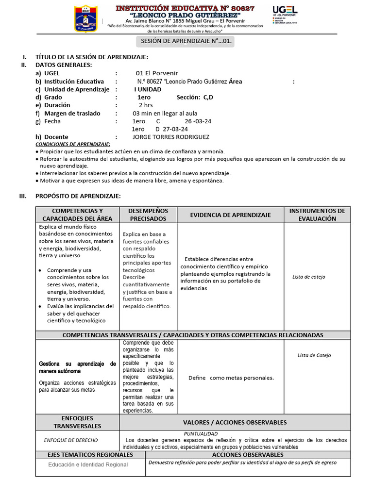 SESION DE APRENDIZAJE UNIDAD 1 SESION 1 y LISTA DE COTEJO CYT 1 GRADO LEONCIO PRADO | PDF ...