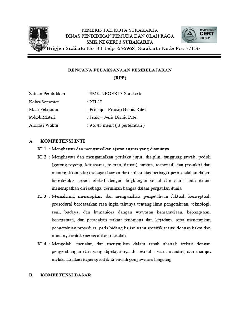 RPP k13 SMK Mapel Bisnis Ritel Bab Jenis | PDF