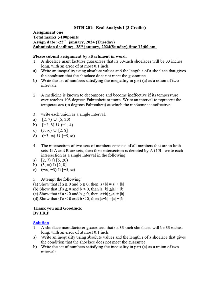 Real Analysis Assignment & Solution | PDF | Inequality (Mathematics) | Interval (Mathematics)