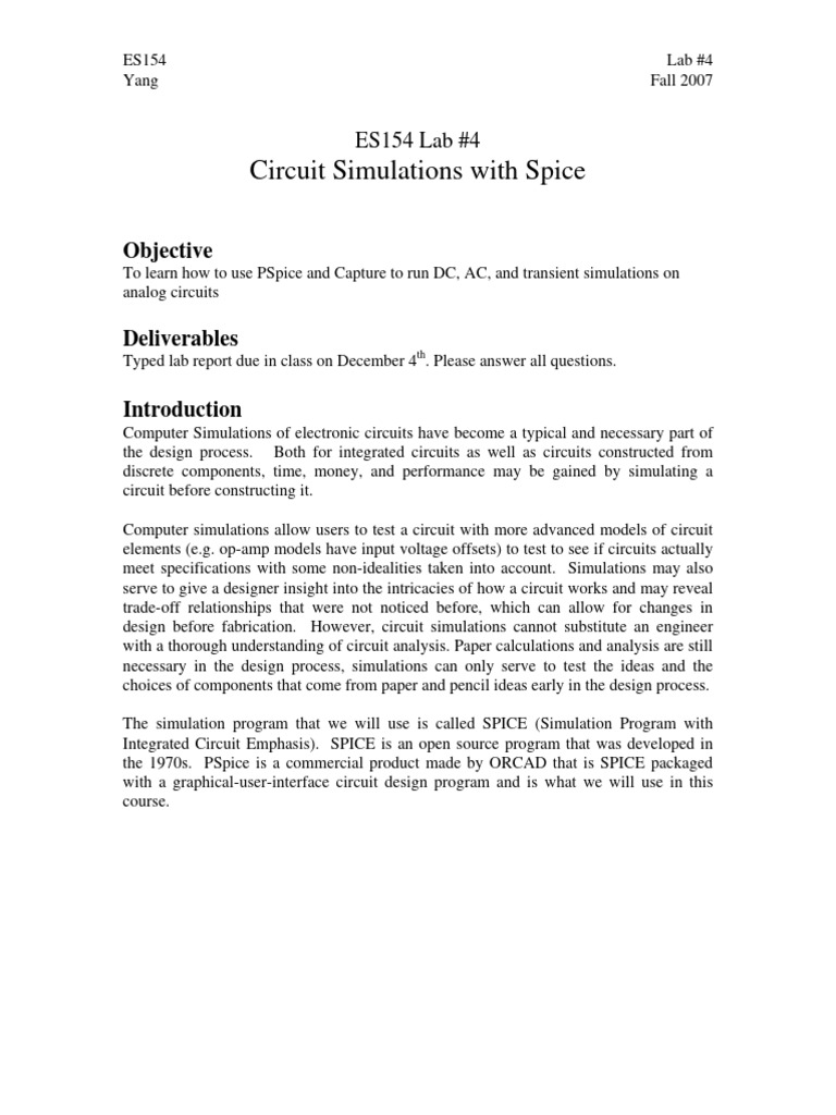 Circuit Simulations with PSpice Lab Guide | PDF | Electrical Network ...