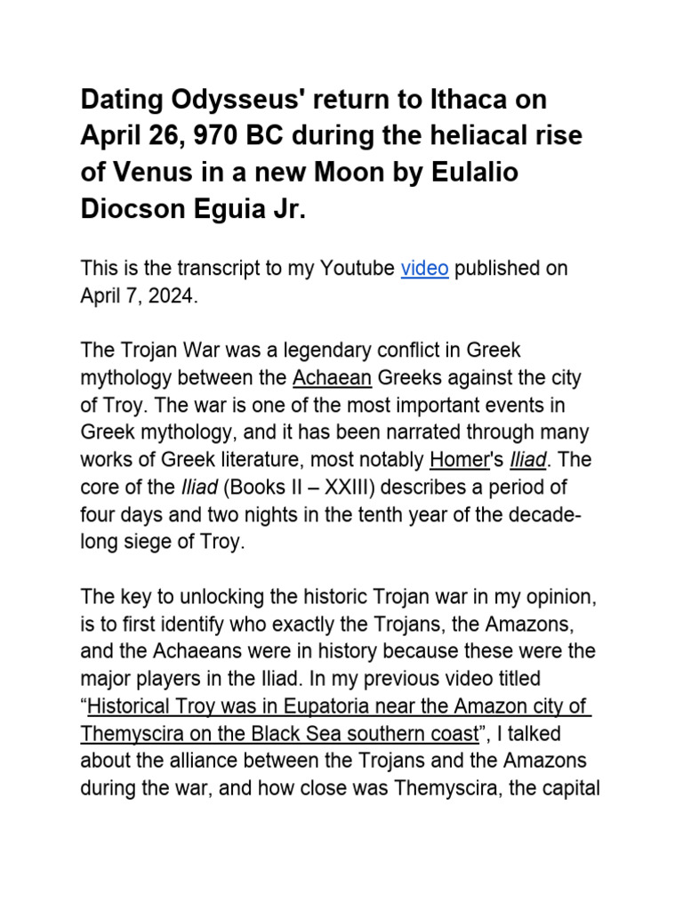 Dating the Return of Odysseus to Ithaca on April 26, 970 BC During the ...