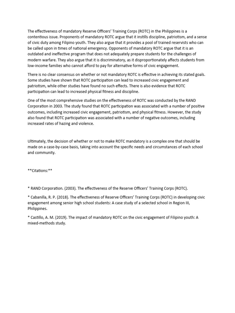 Efficiency of Mandatory ROTC | PDF | Civic Engagement | Perception