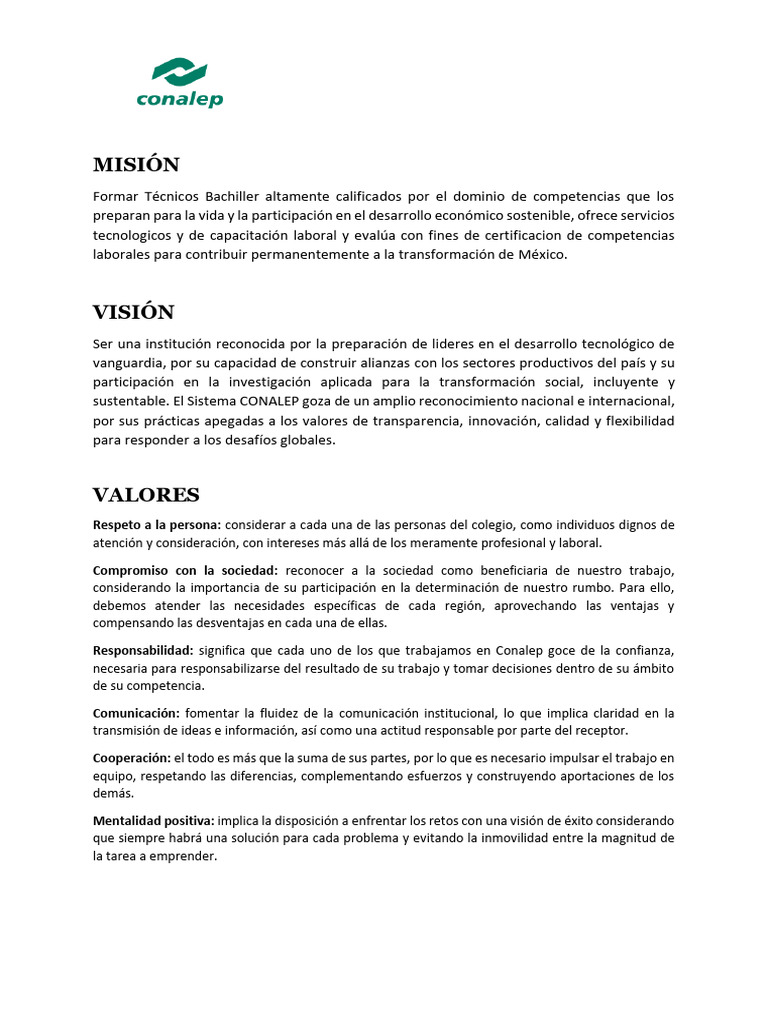 Misión, Visión y Valores de CONALEP | PDF | Calidad (comercial ...