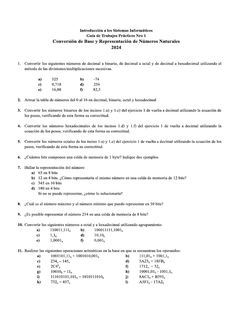 TP Nro 1 - Conversion de Base y Rep Nros Nat | PDF