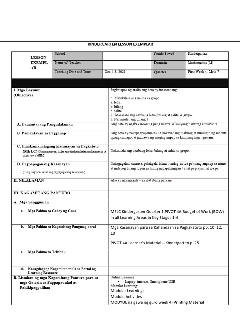 W4 Kindergarten Lesson Exemplar Week 4 Melc 7 | PDF