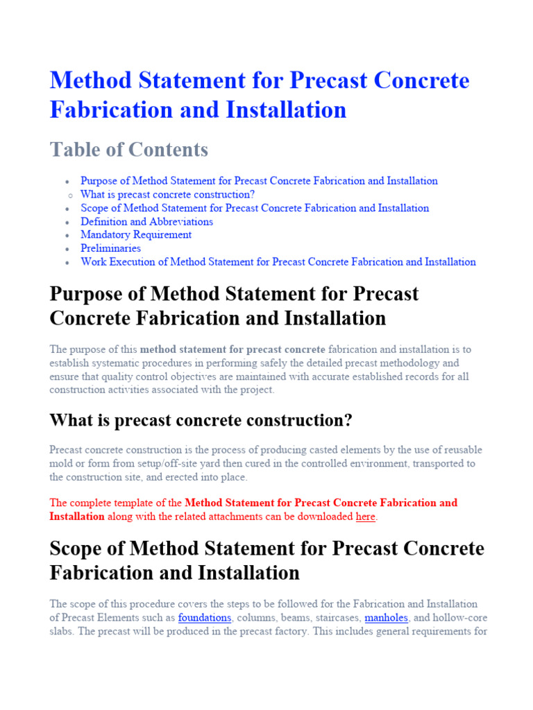 Precast Concrete Method Statement Guide | PDF | Concrete | Precast Concrete