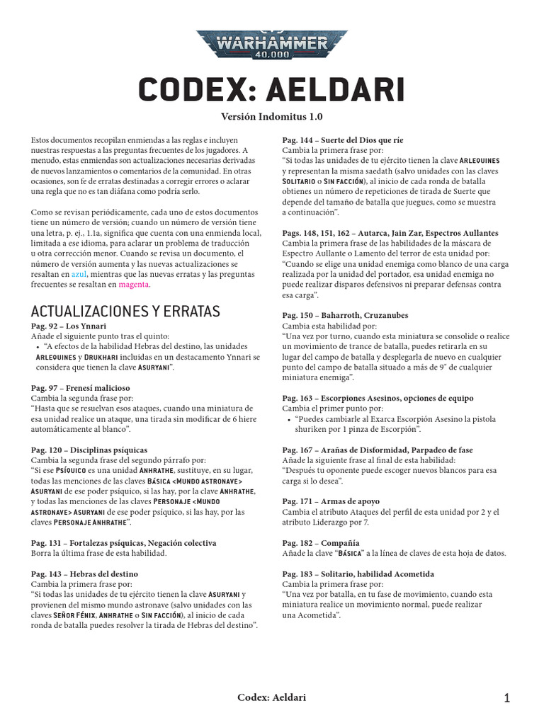 Codex: Aeldari: Actualizaciones Y Erratas | PDF