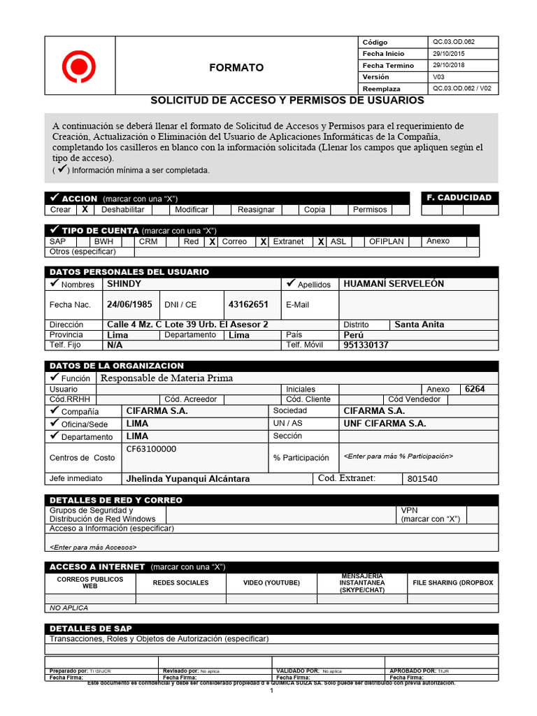QC 03 OD 062 - Formato Solicitud de Acceso y Permisos de Usuarios - S. HUAMANI | PDF ...