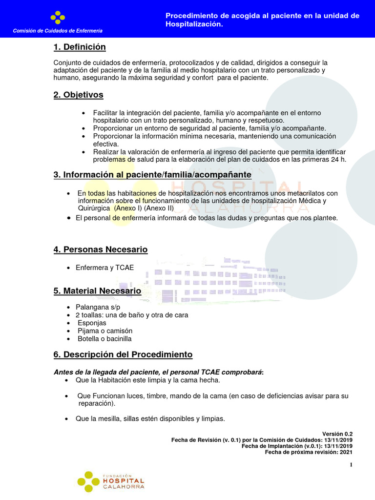 P. 009 Procedimiento de Acogida Al Paciente en La Unidad de Hospitalización | PDF | Enfermería ...