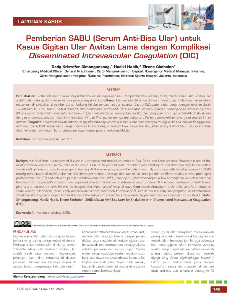Pemberian SABU (Serum Anti-Bisa Ular) Untuk Kasus Gigitan Ular Awitan Lama Dengan Komplikasi ...