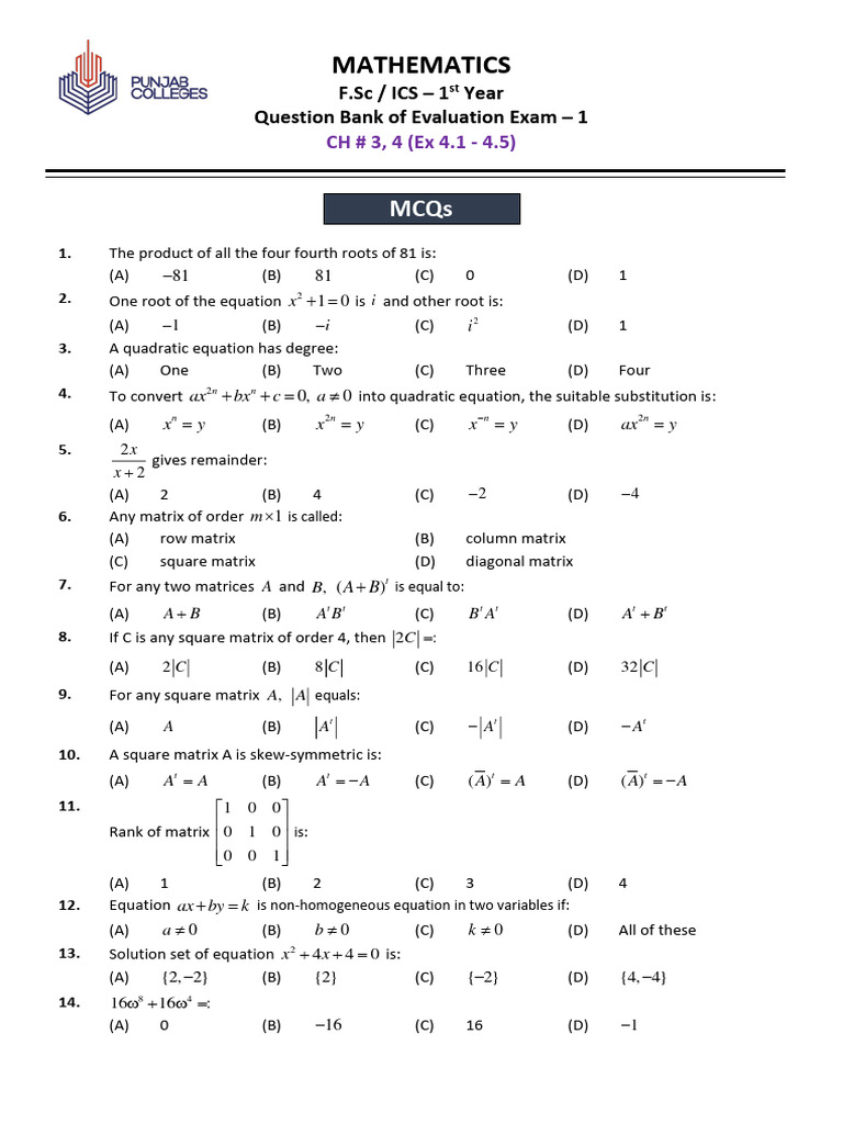 Question Bank 1st Year Math (EV-1) | PDF | Matrix (Mathematics) | Equations