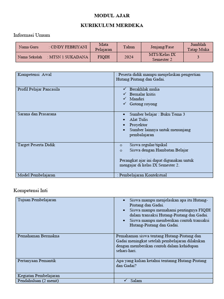 Contoh Modul Ajar | PDF