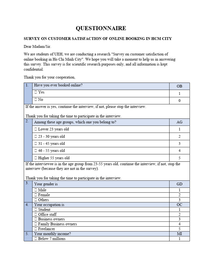 QUESTIONNAIRE (SAMPLE) | PDF