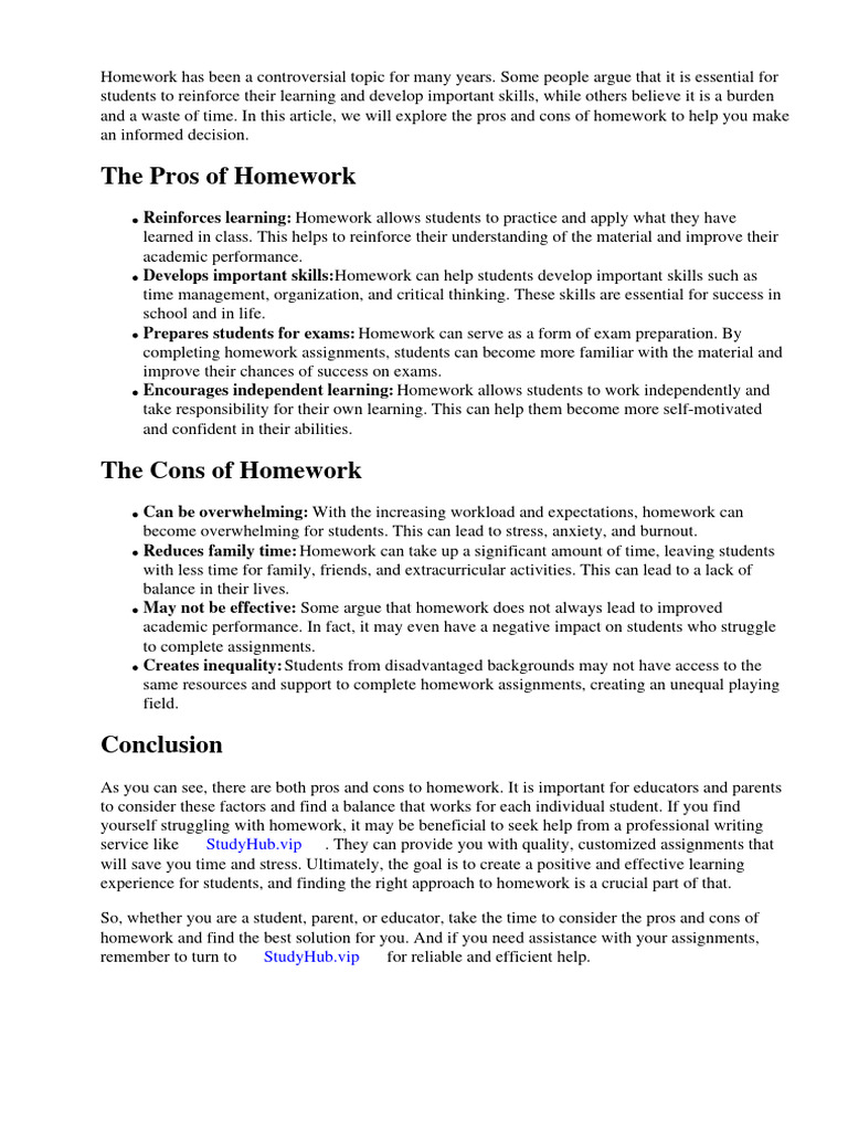 Homework Pros and Cons Article | Download Free PDF | Homework | Teachers