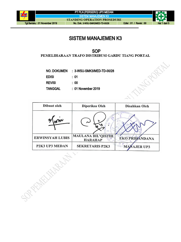 3.28 Sop Pemeliharaan Trafo Distribusi Gardu Tiang Portal | PDF