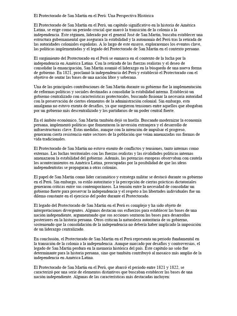 El Protectorado de San Martín en El Perú | PDF | Perú | Ciencias Políticas