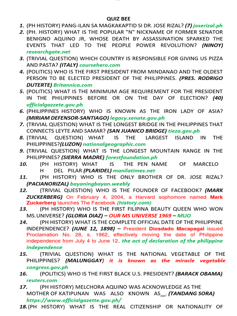 Quizbowl Rev. 2023 With Phil. Gov't and Constitution | PDF | Philippines | Constitution