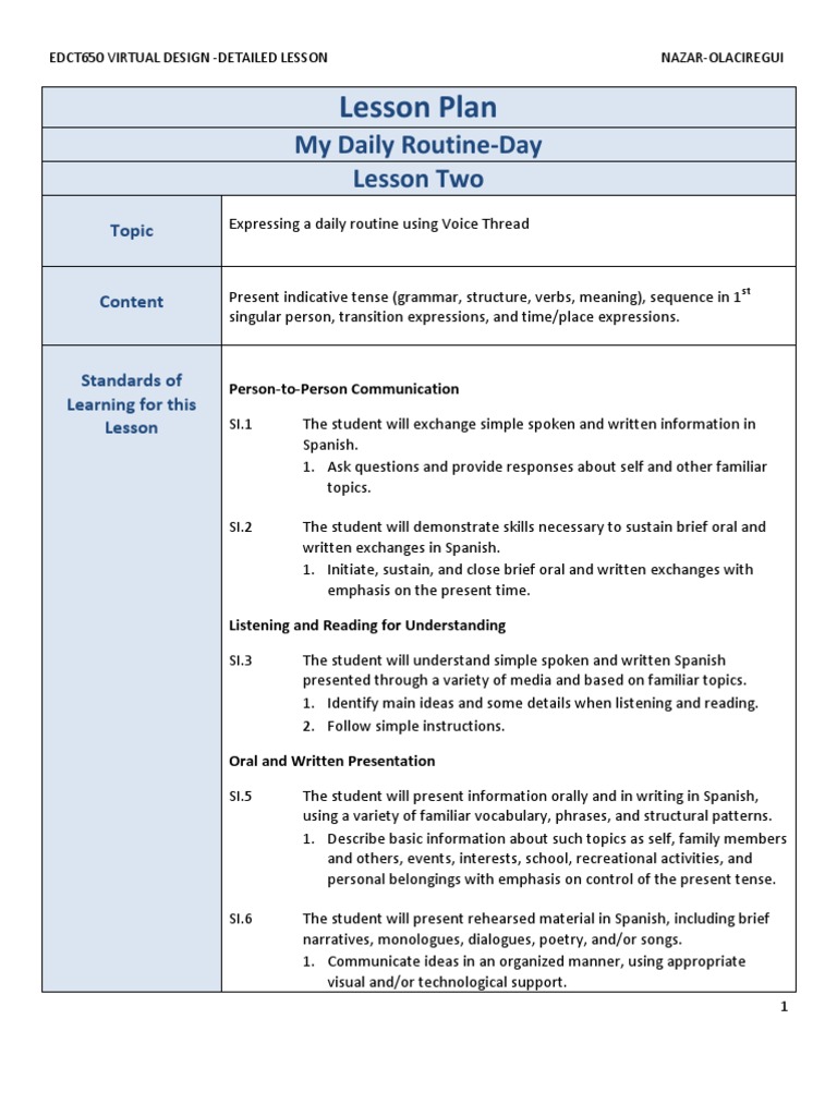 Daily Routine Lesson Plan in Spanish | PDF | Spanish Language ...