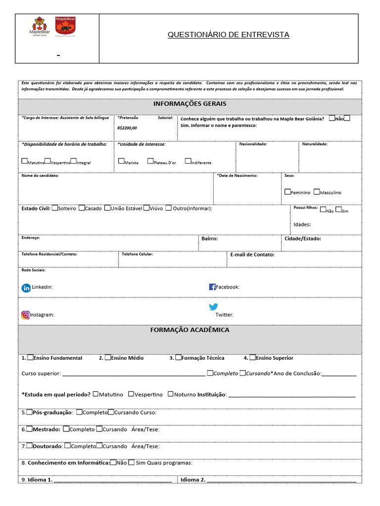 01-Questionário de Entrevista. | PDF | Pós-graduação