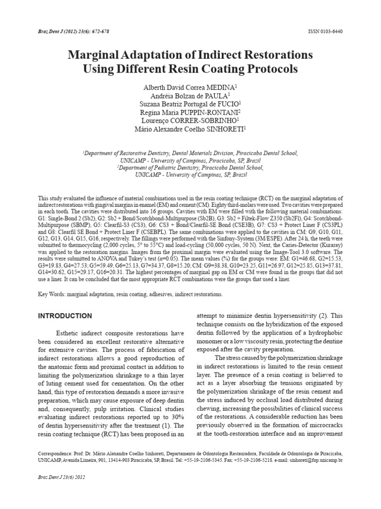 Marginal Adaptation of Indirect Restorations Using Different Resin ...
