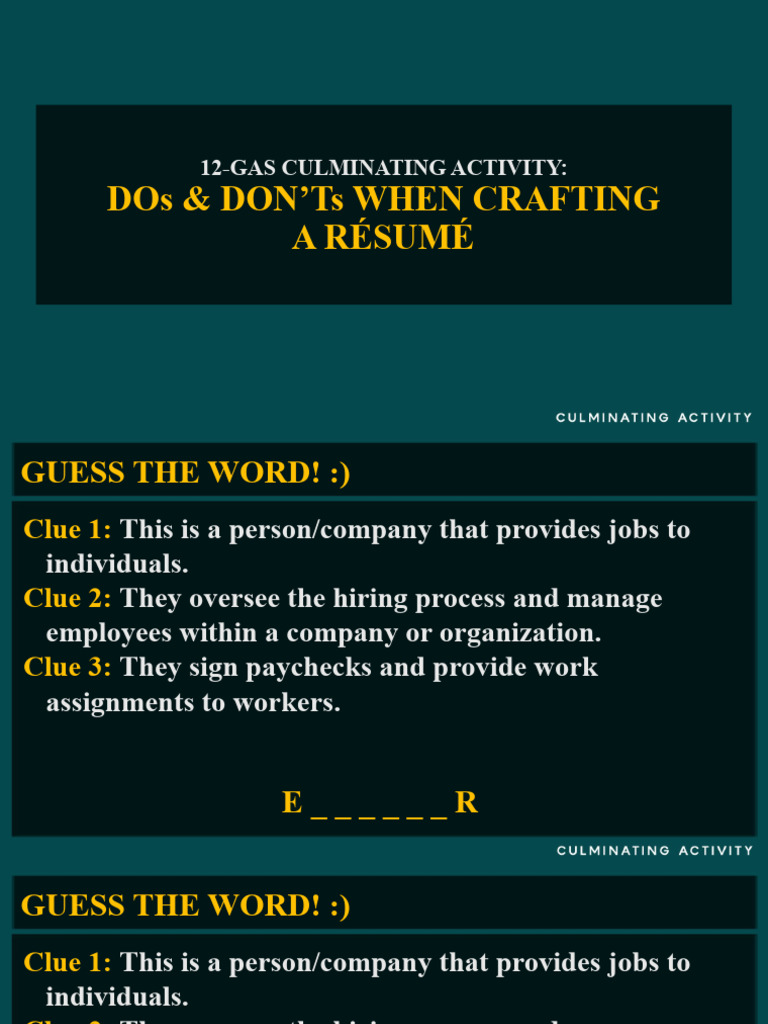 Q4 Culminating Activity - DOs and DON'Ts When Crafting A Resume | Download Free PDF | Résumé ...
