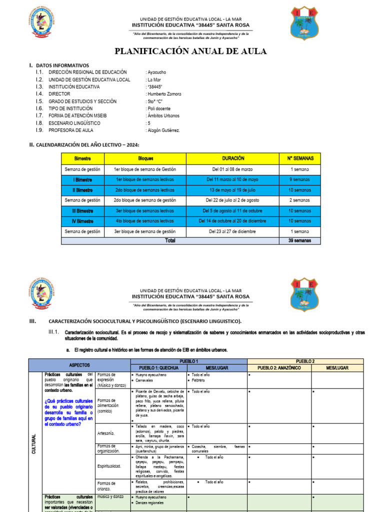 Esquema PA Ambito Urbano 2024-DESARROLLADO EN AULA 5to C | PDF | Decimal | Números
