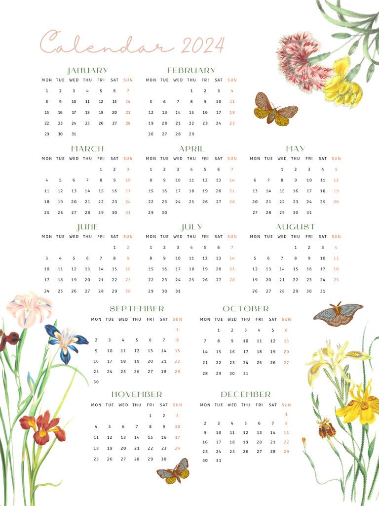 Beige Vintage Floral Calendar 2024 Butterflies Poster | PDF