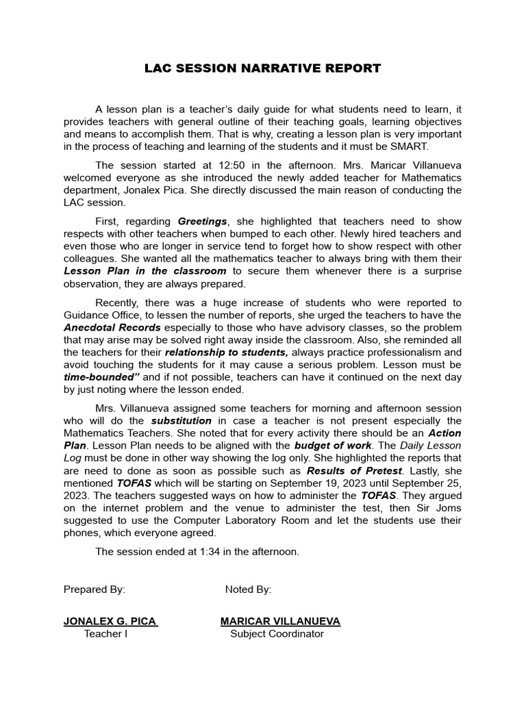 LAC SESSION NARRATIVE REPORT | PDF | Teachers | Lesson Plan