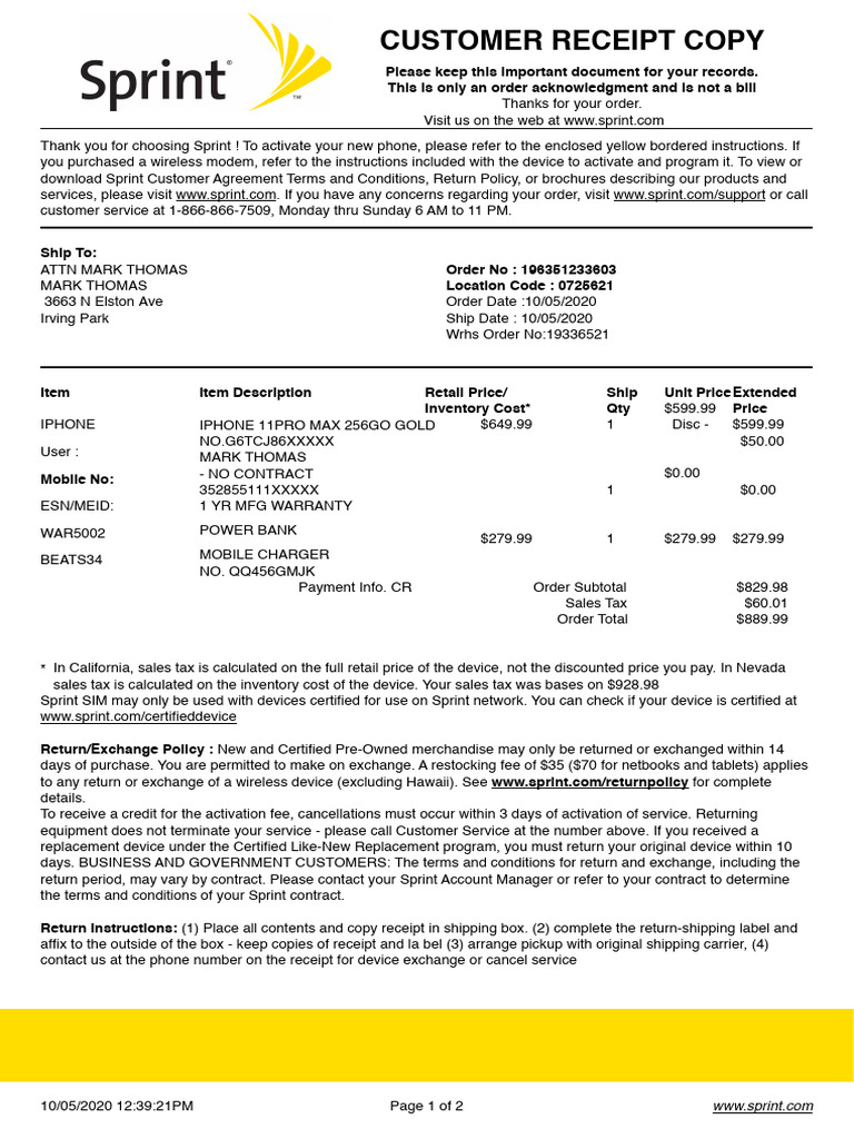 Customer Receipt | Download Free PDF | Sprint Corporation | Receipt