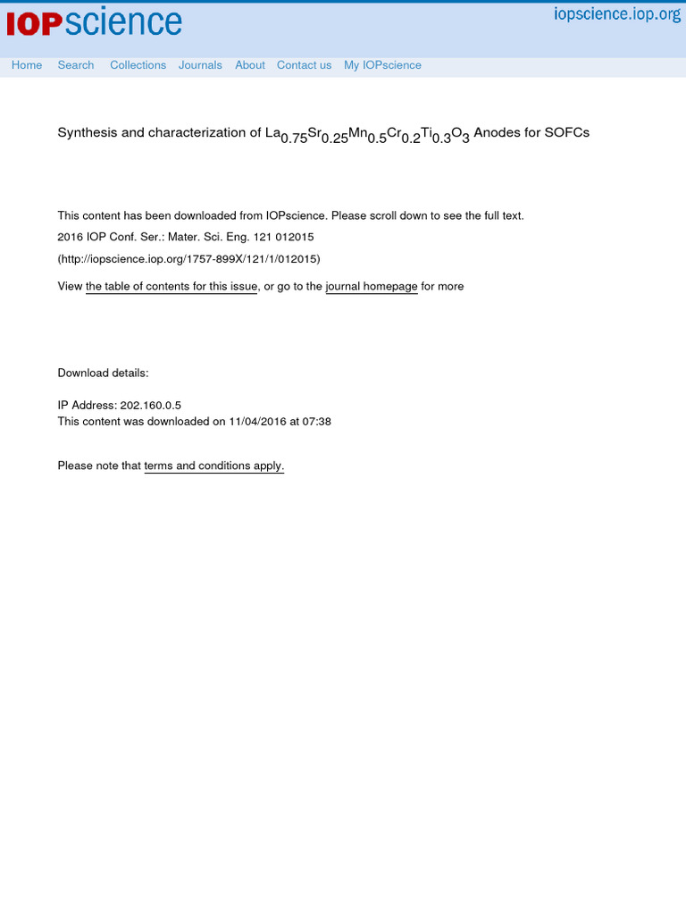 7 Synthesis and Characterization of La0.75Sr0.25Mn0.5Cr0.2Ti0.3O3 Anodes For SOFCs | PDF | Solid ...